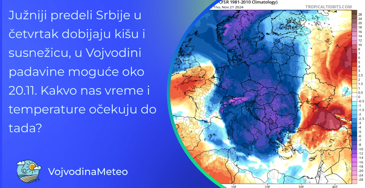Južniji predeli Srbije u četvrtak dobijaju kišu i susnežicu, u Vojvodini padavine moguće oko 20. ...